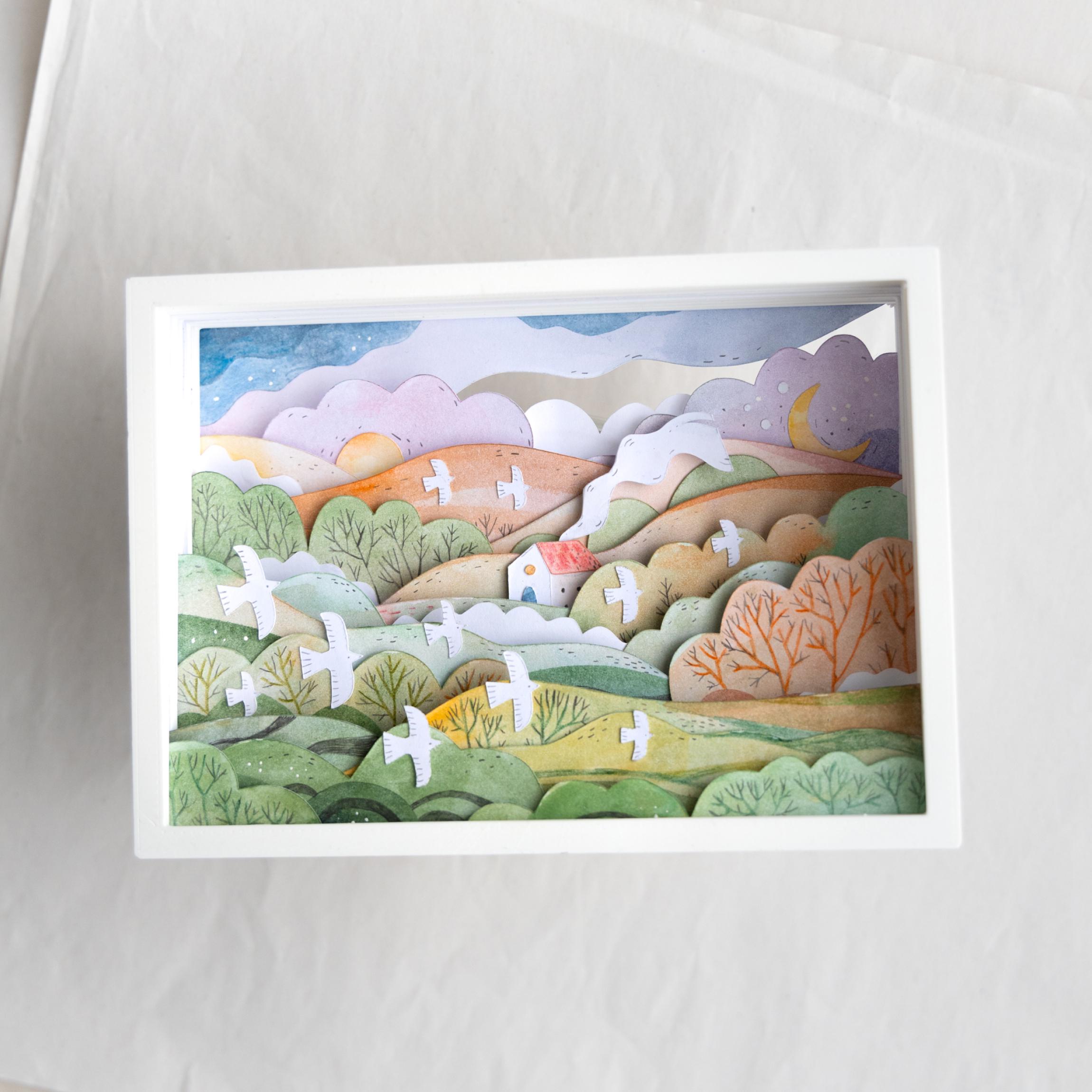 Sunset Landscape With Birds - Shadow Box Template - DYI Layered Paper ...
