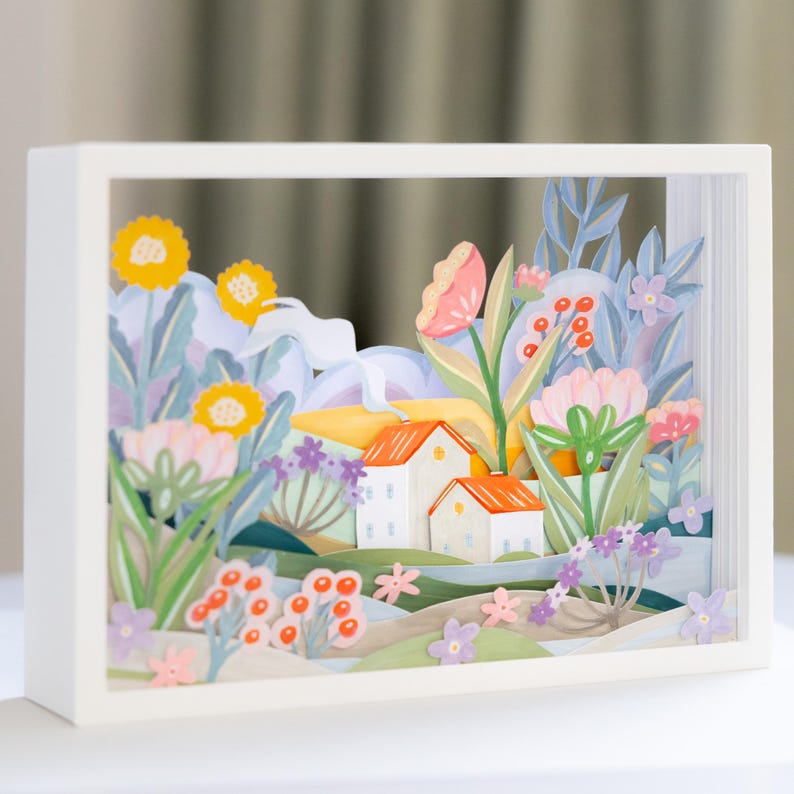 Two Small Houses in a Flower Garden - Shadow Box Template - DYI Layered ...