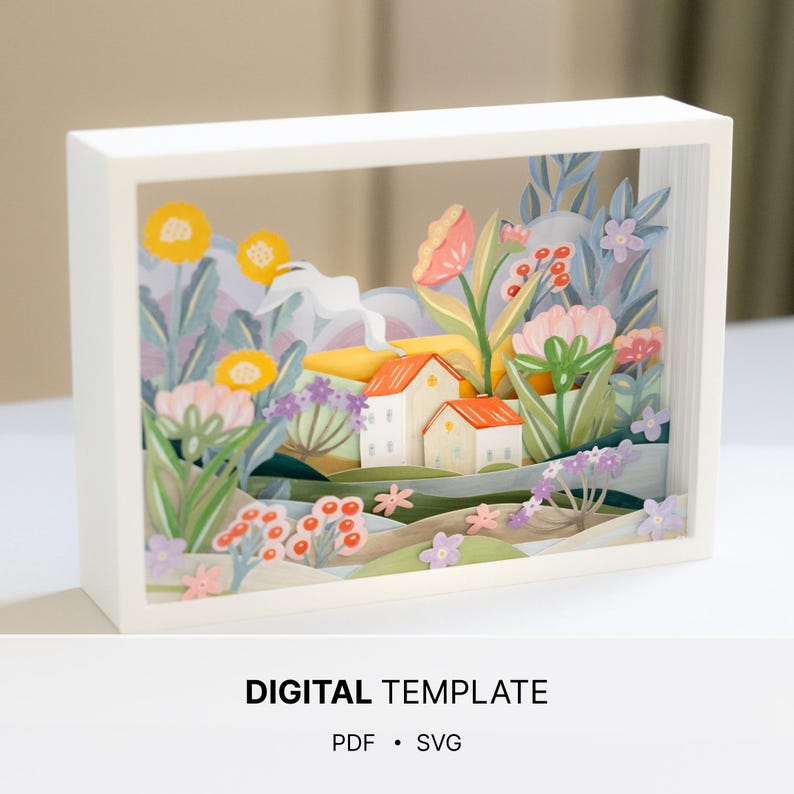 Two Small Houses in a Flower Garden - Shadow Box Template - DYI Layered ...