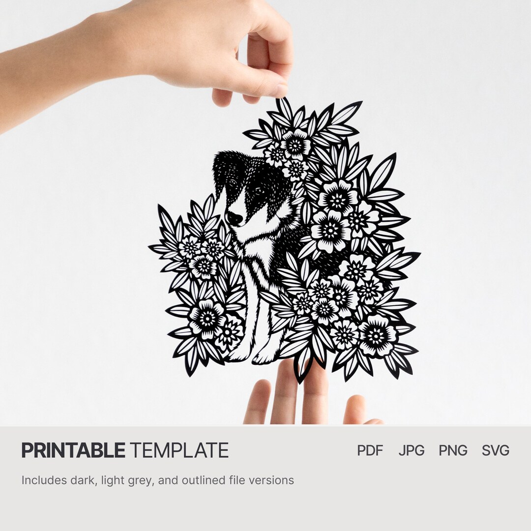 Dog in Flowers PDF SVG JPG Papercut Template Cute Black and White Puppy ...