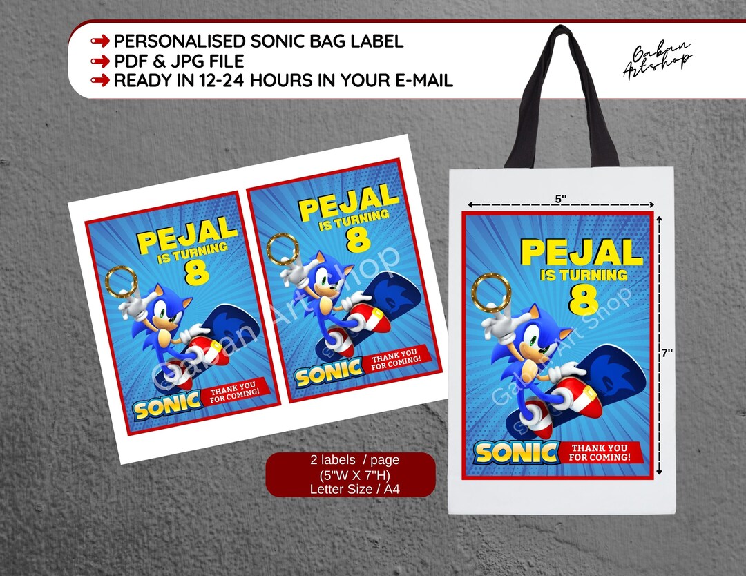 DIGITAL Printable: Personalised SONIC Paper Gift Bag Label - Etsy