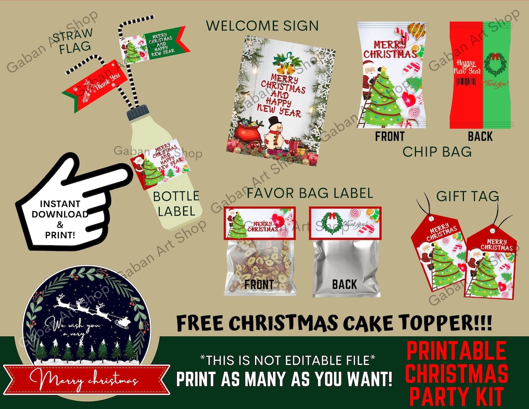 Printable Merry Christmas Party Kit, Merry Christmas Cake Topper, Merry ...