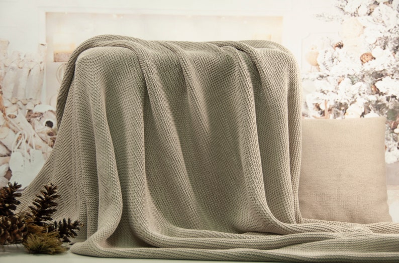 100% Cotton Bed Throw, Sofa Knit Cover, Beige Blanket, Neutral Decor ...