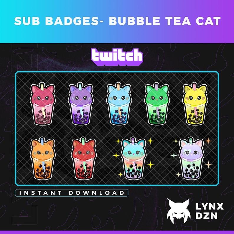 Twitch Sub Badges and Emotes | 9 Subscriber Bubble Tea Cat Tiers ...