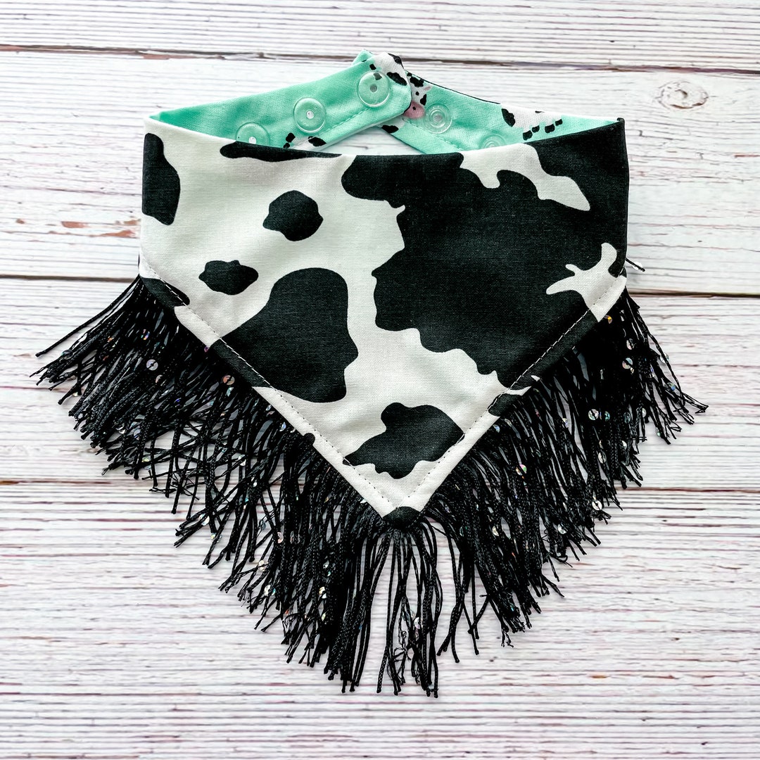 Reversible Bandana: Black Cow/mint Cows With Black Sequin Fringe BA6 - Etsy