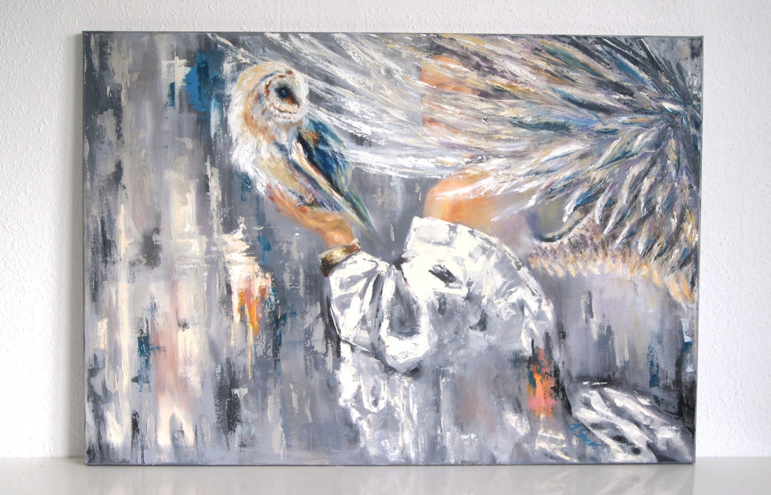 Abstract Angel With Owl, Angel of Wisdom, Original Large Oil Painting ...