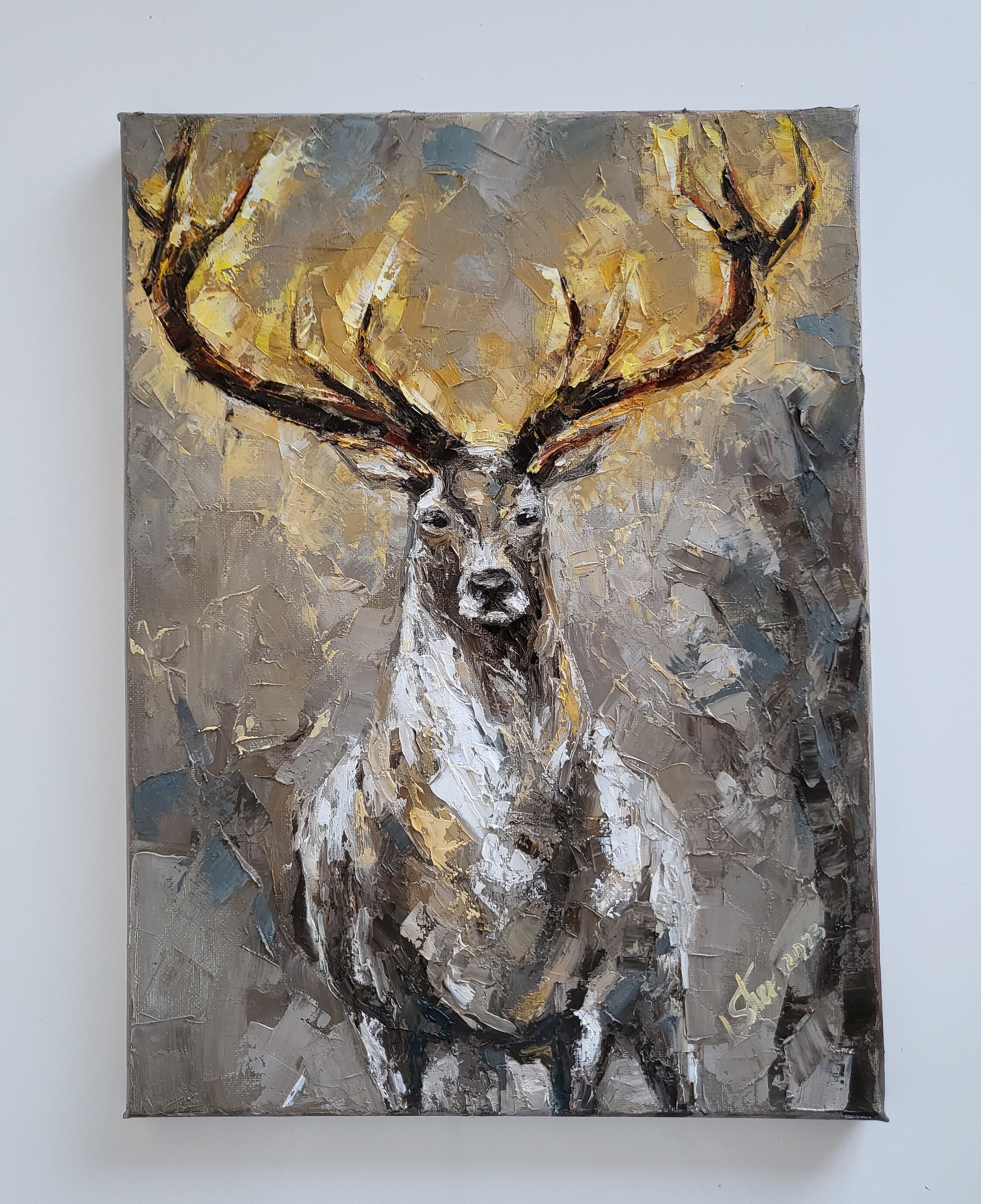 Abstract Deer Oil Painting on Canvas, Original Stag Portrait, Forest ...