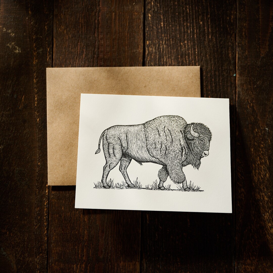 Bison Card Linocut Illustration on Cotton Paper With Kraft Paper ...