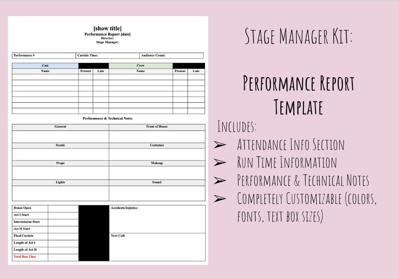 Performance Report Template Digital Download Stage Manager - Etsy