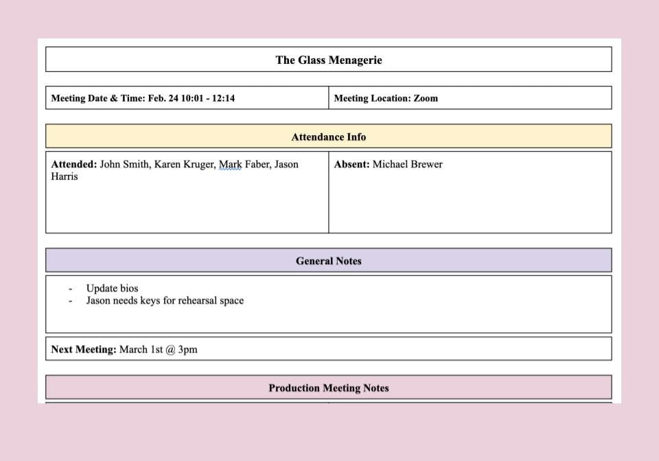 Production Meeting Notes Template: Stage Manager Kit (digital Download ...