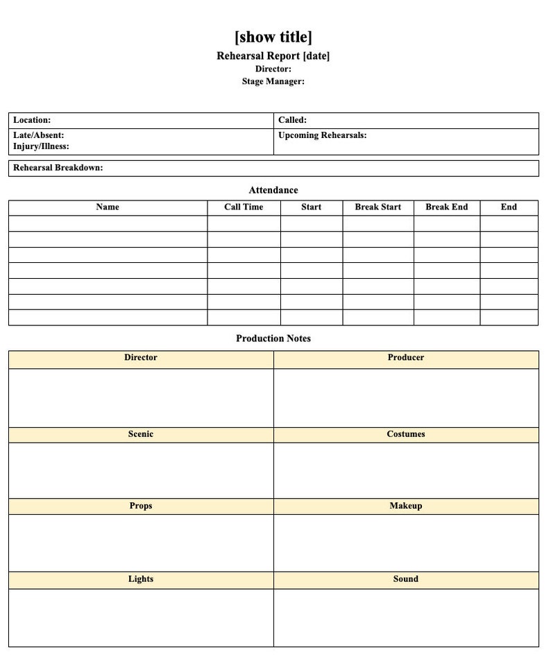Rehearsal Report Template: Stage Manager Kit (digital Download) - Etsy