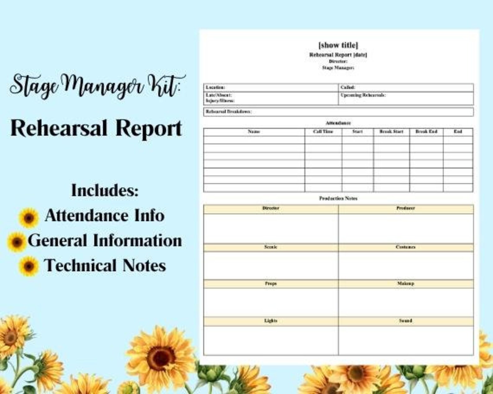Rehearsal Report Template: Stage Manager Kit (digital Download) - Etsy