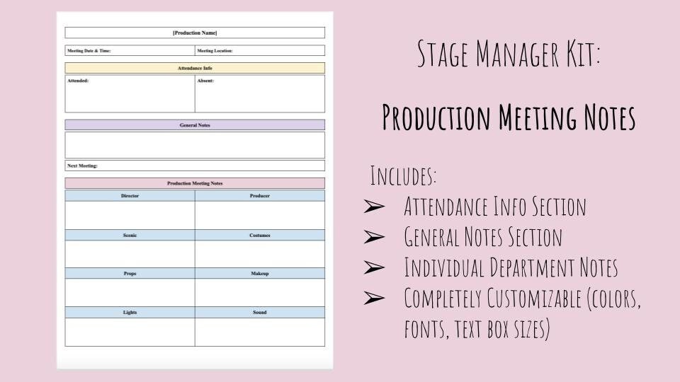 Production Meeting Notes Template Digital Download Stage - Etsy UK