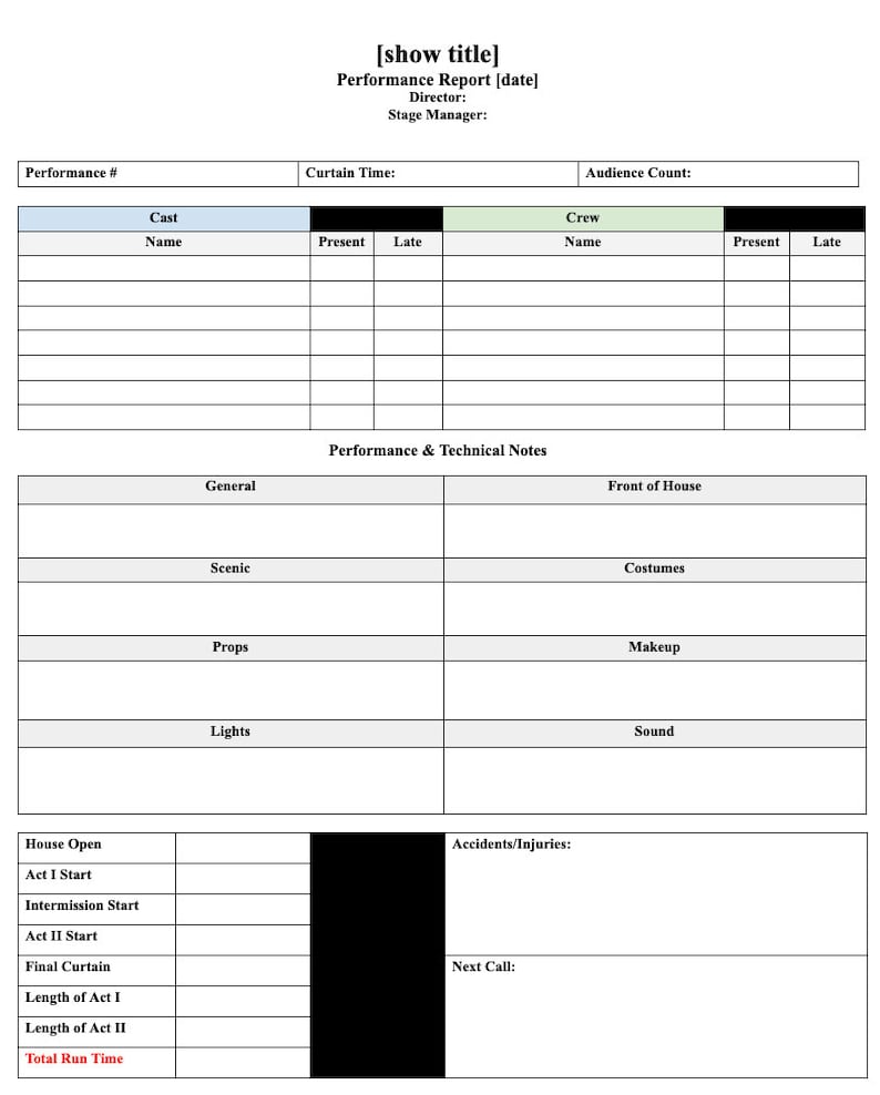 Performance Report Template | Digital Download | Stage Manager Kit ...