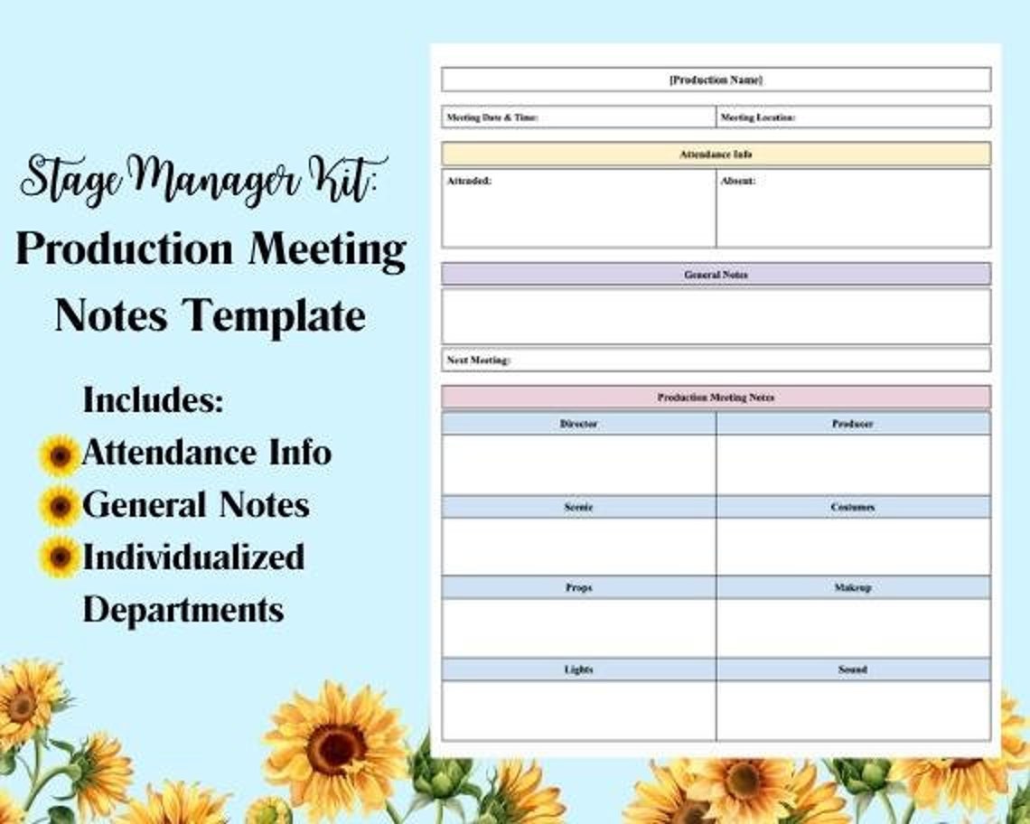 Production Meeting Notes Template | Digital Download | Stage Manager ...