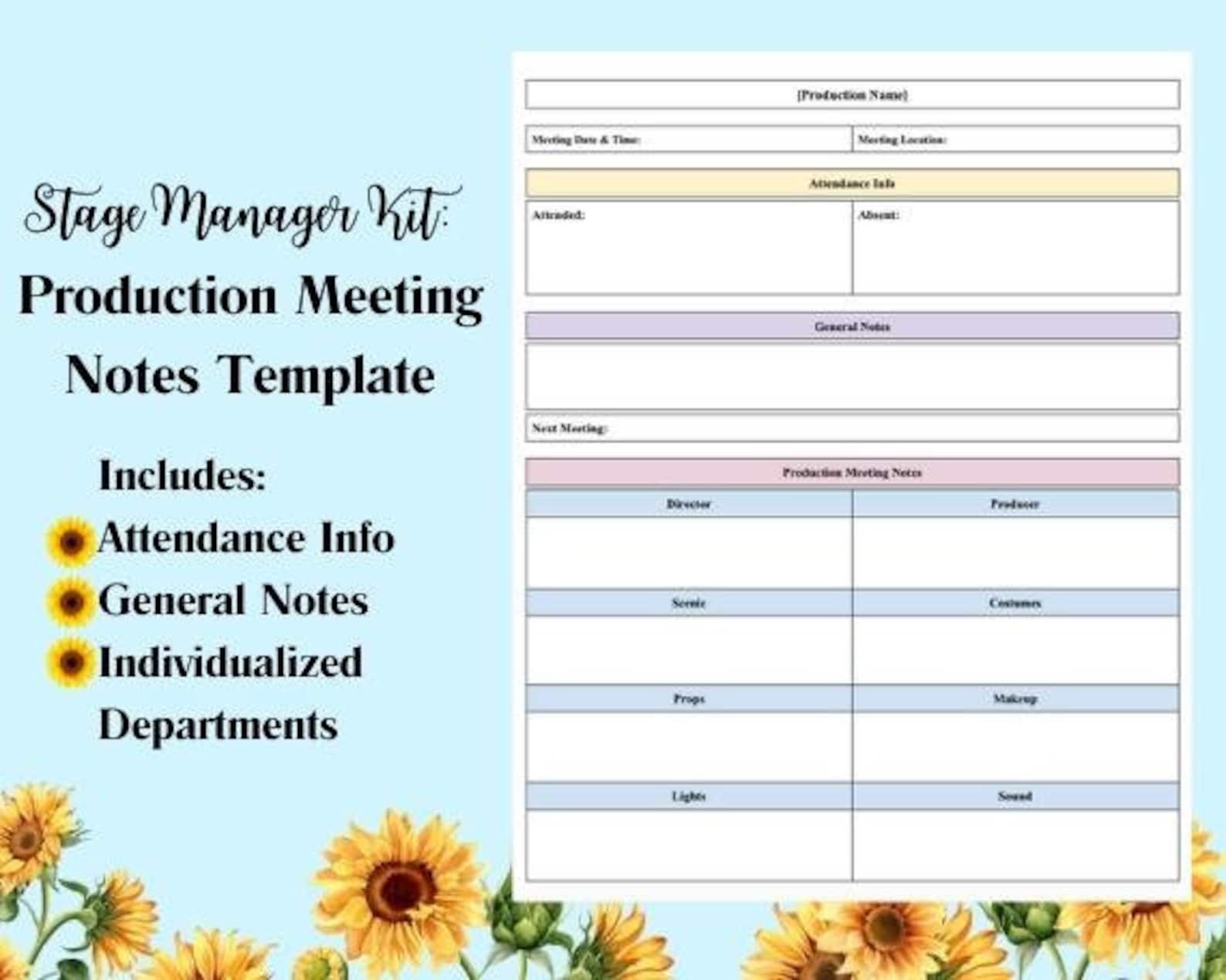 Production Meeting Notes Template | Digital Download | Stage Manager ...