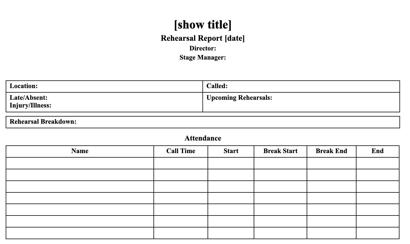 Rehearsal Report Template: Stage Manager Kit (digital Download) - Etsy