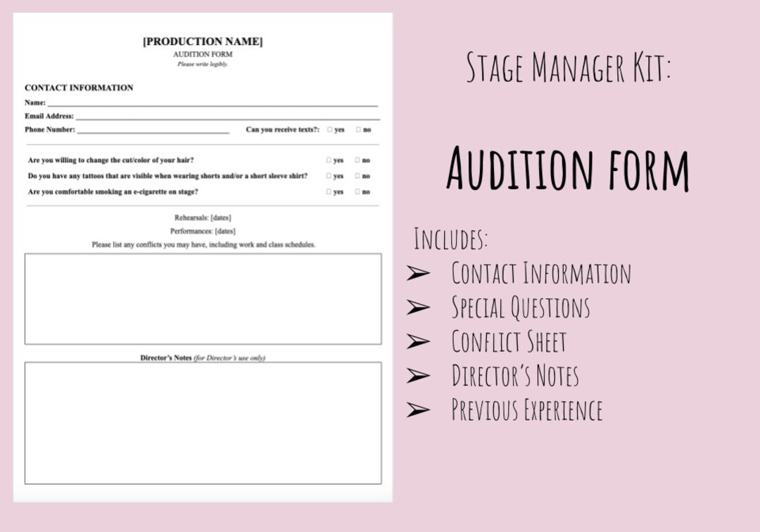 Audition Form Template Digital Download Stage Manager Kit Atelier 