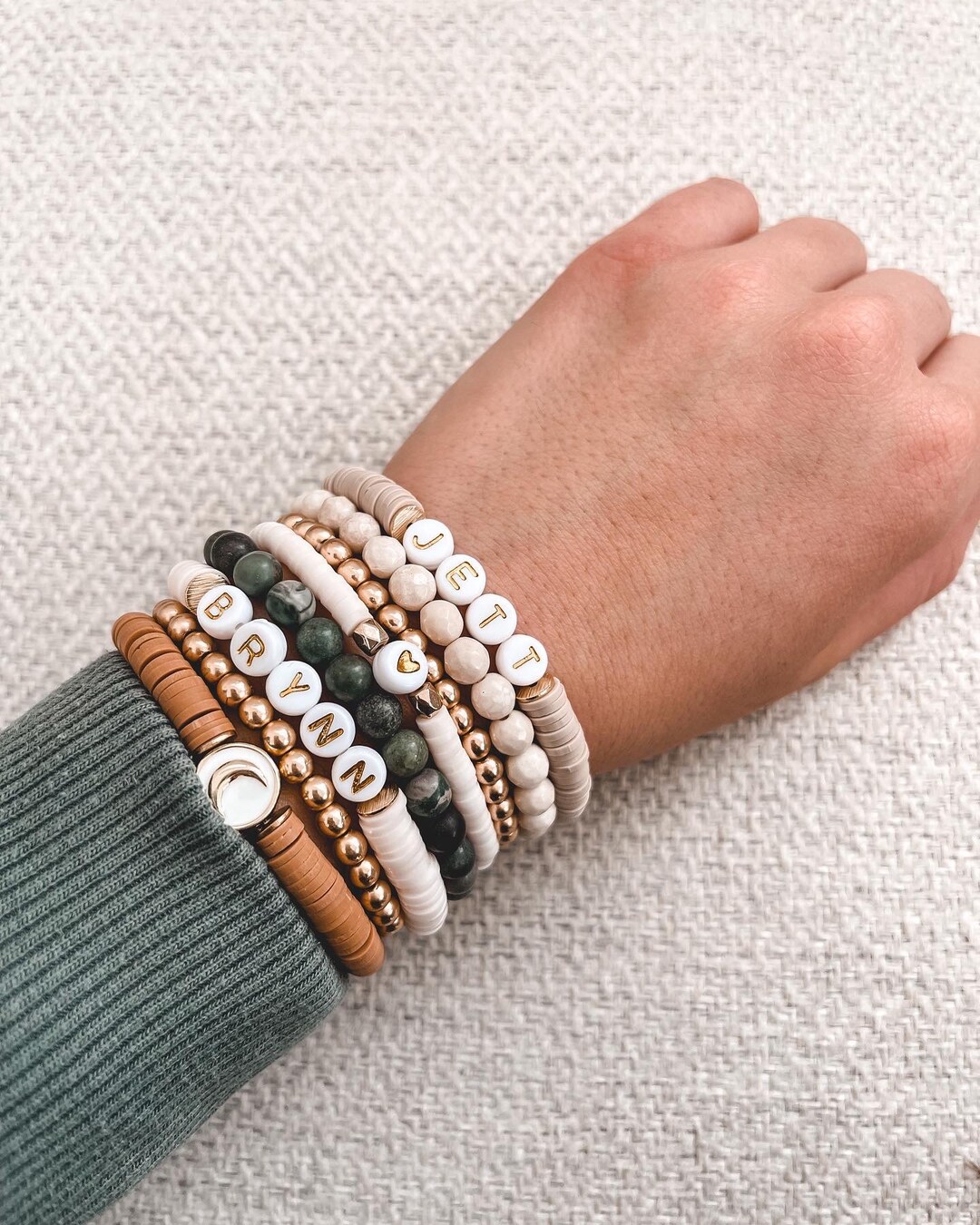 Olive & Neutral Stacking Bracelet Set 6mm Heishi Bracelet and Glass ...
