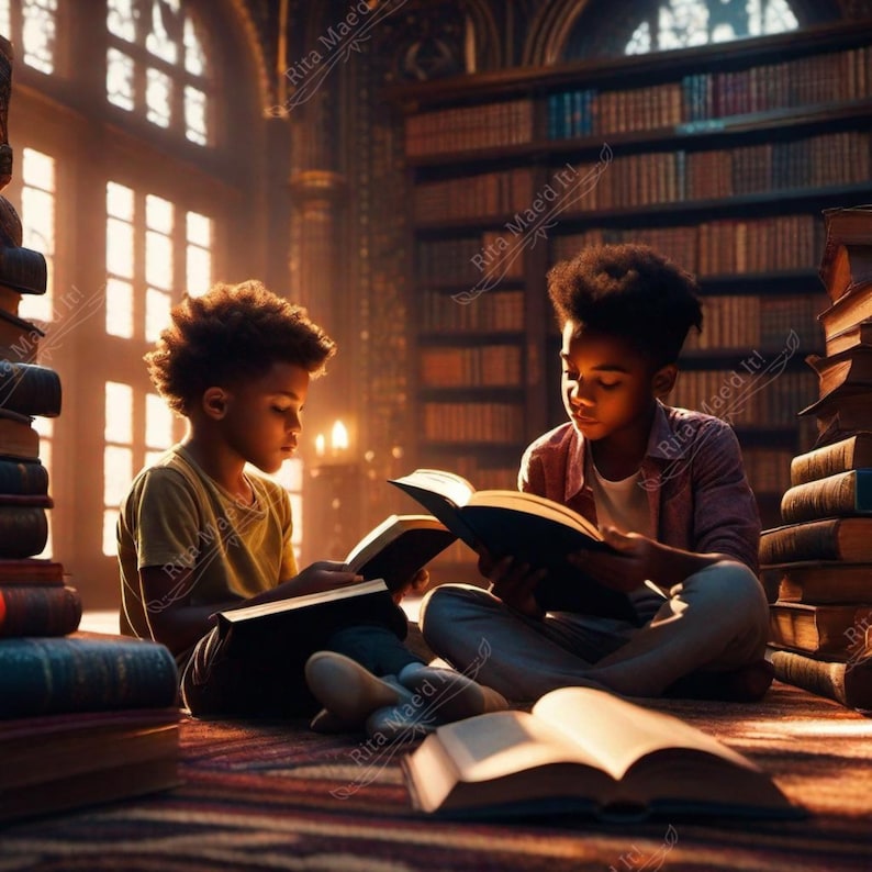 Boys Reading in A Library PNG - Etsy