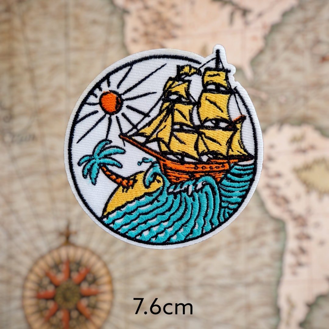 Iron on Patch Boat Ship Pirate Palm Tree Traveler Patches Embroidered ...