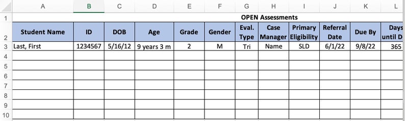 Assessment Tracker Spreadsheet school Psych Organization - Etsy