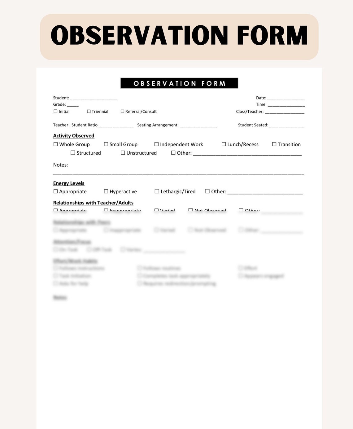 Observation Form | School Psychologist Forms - Etsy