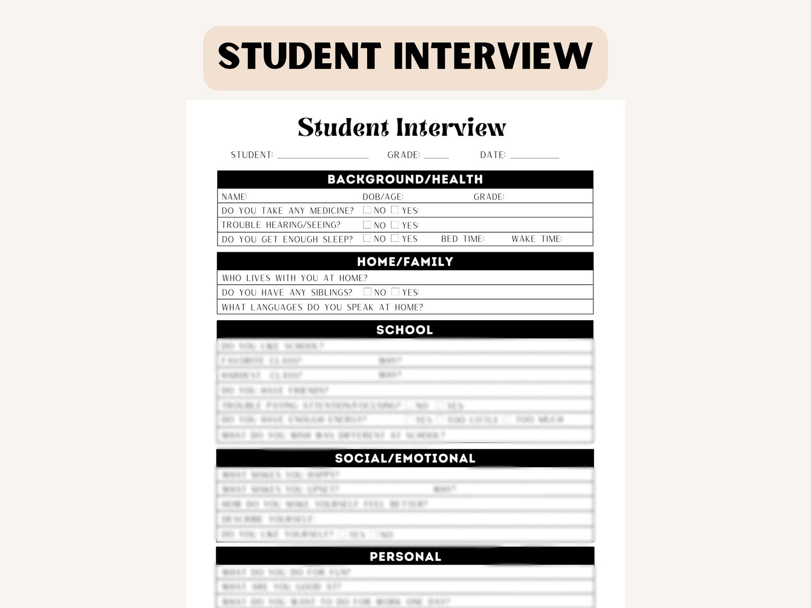Student Interview Form | School Psychologist Forms | School Counselor ...