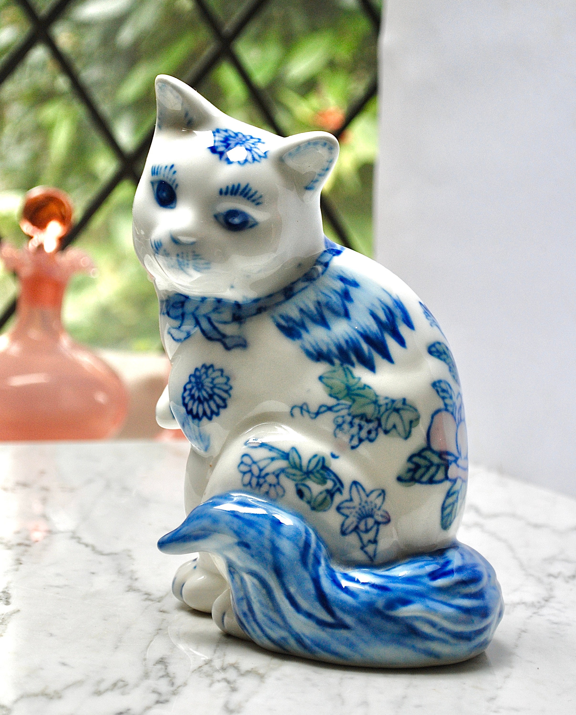 Large Vintage Porcelain Cat Figurine Hand Painted With Blue and Pale ...