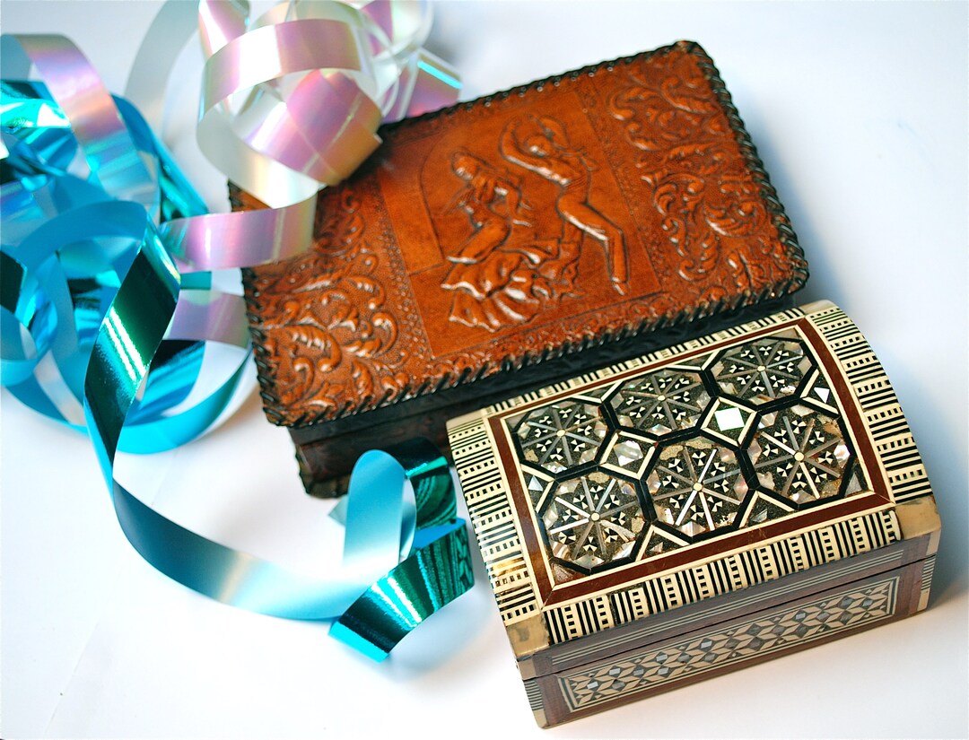 Vintage Embossed Leather Box and Exotic Wood Mother of Pearl Box Set - Etsy