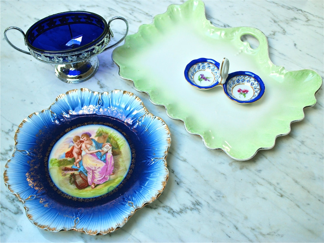 Antique Victorian Hand Painted Plate, Victorian Offering Plate, Blue ...