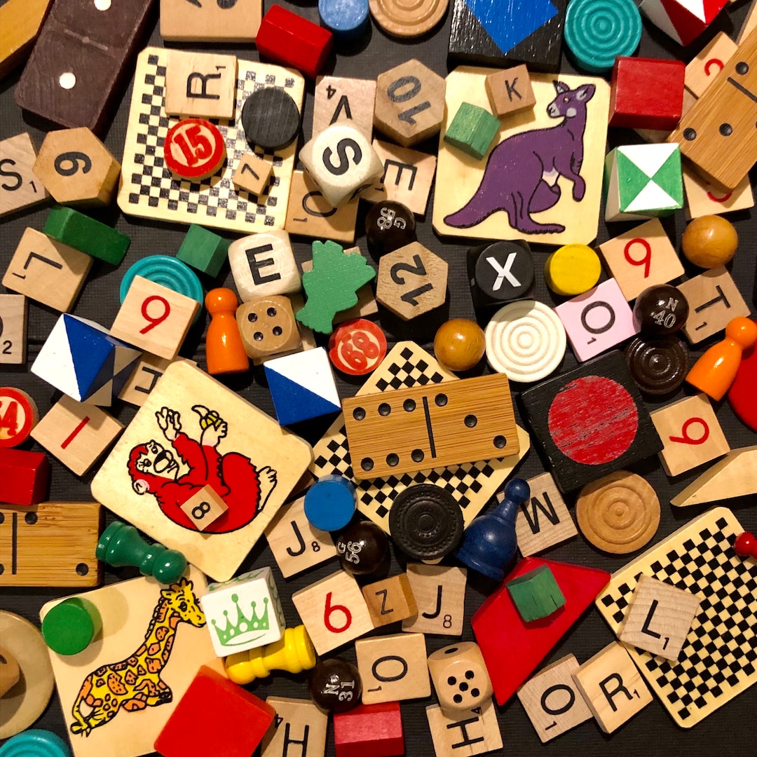 Classic Wooden Game Pieces. Wood Dominoes, Chess, Dice, Bingo and Pawns ...