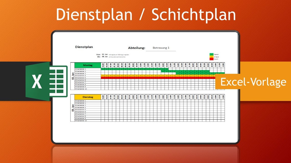 Dienstplan Excel-Vorlage Schichtplaner im praktischen A4-Format ...