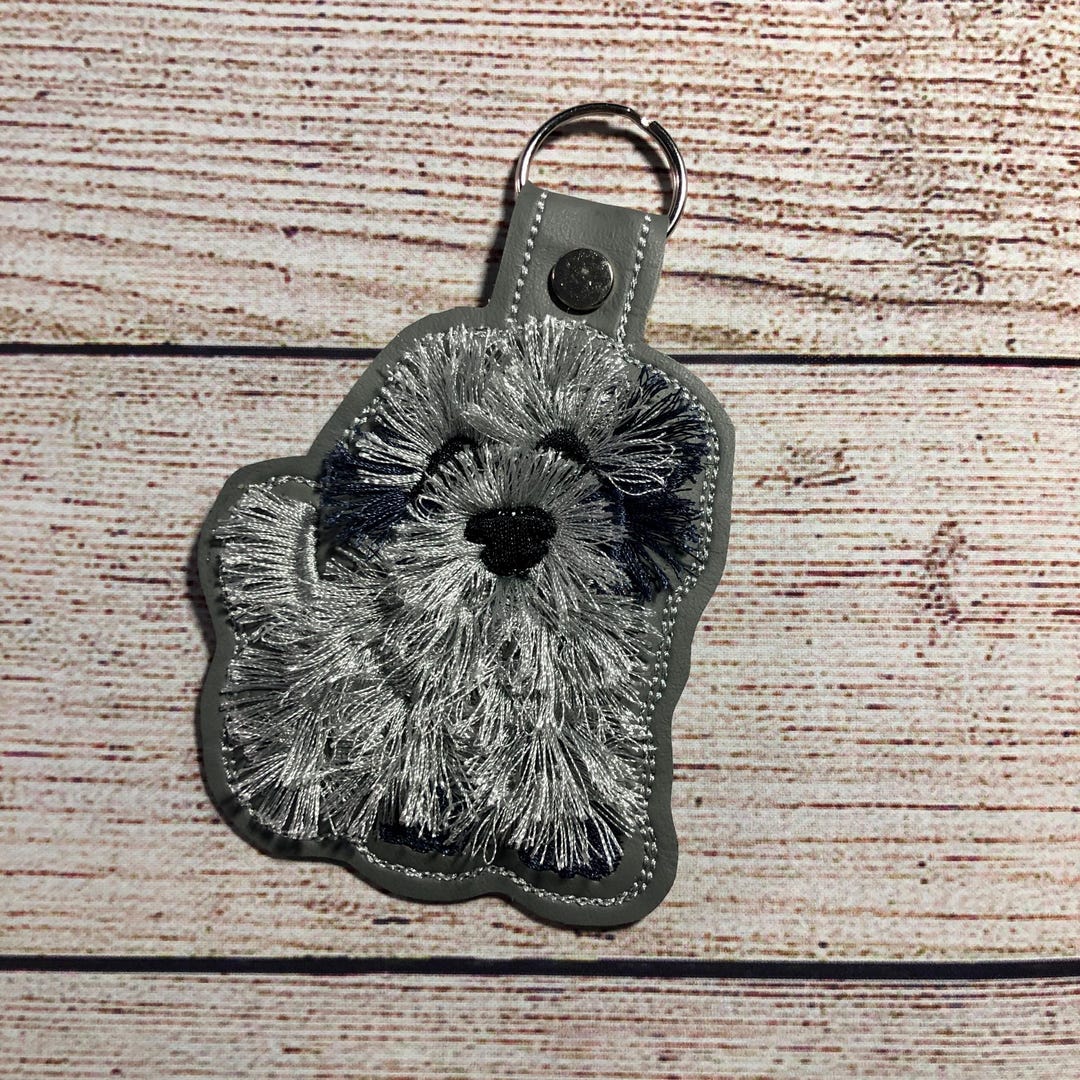 Fluffy Dog Puppy Keyring, Fringed Machine Embroidered Key Fob, Handmade ...