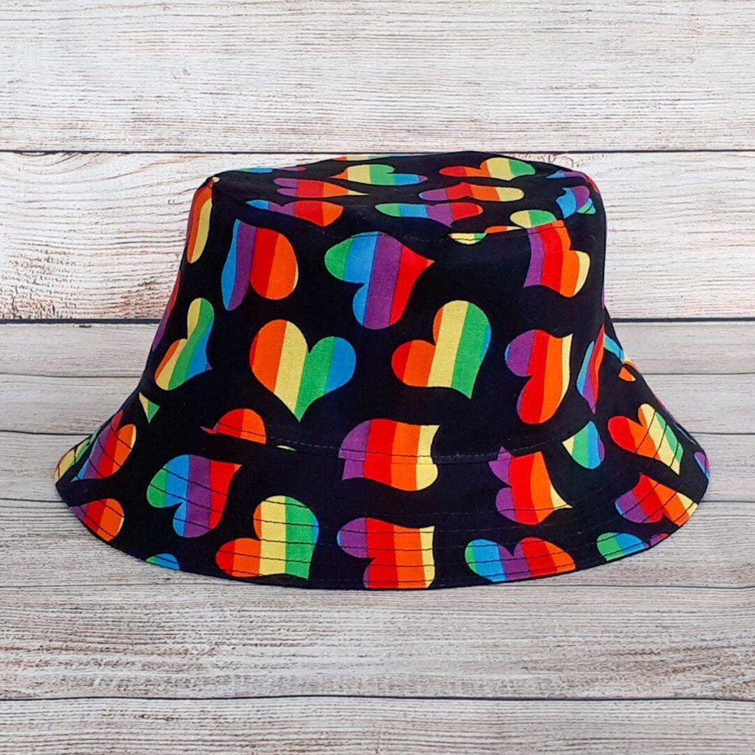 Adult Bucket Hat Pride, Rainbow, Hearts, LGBTQ, Reversible Cotton Hat ...