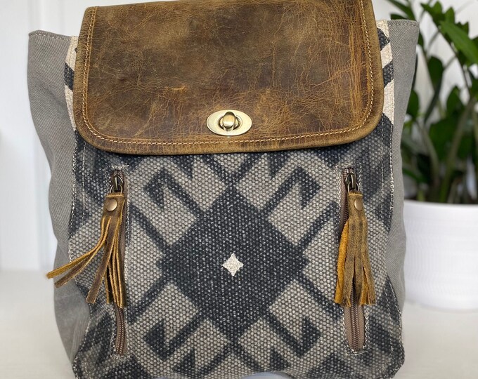 Myra Patterned Upcycled Canvas and Leather Tote Bag - Etsy