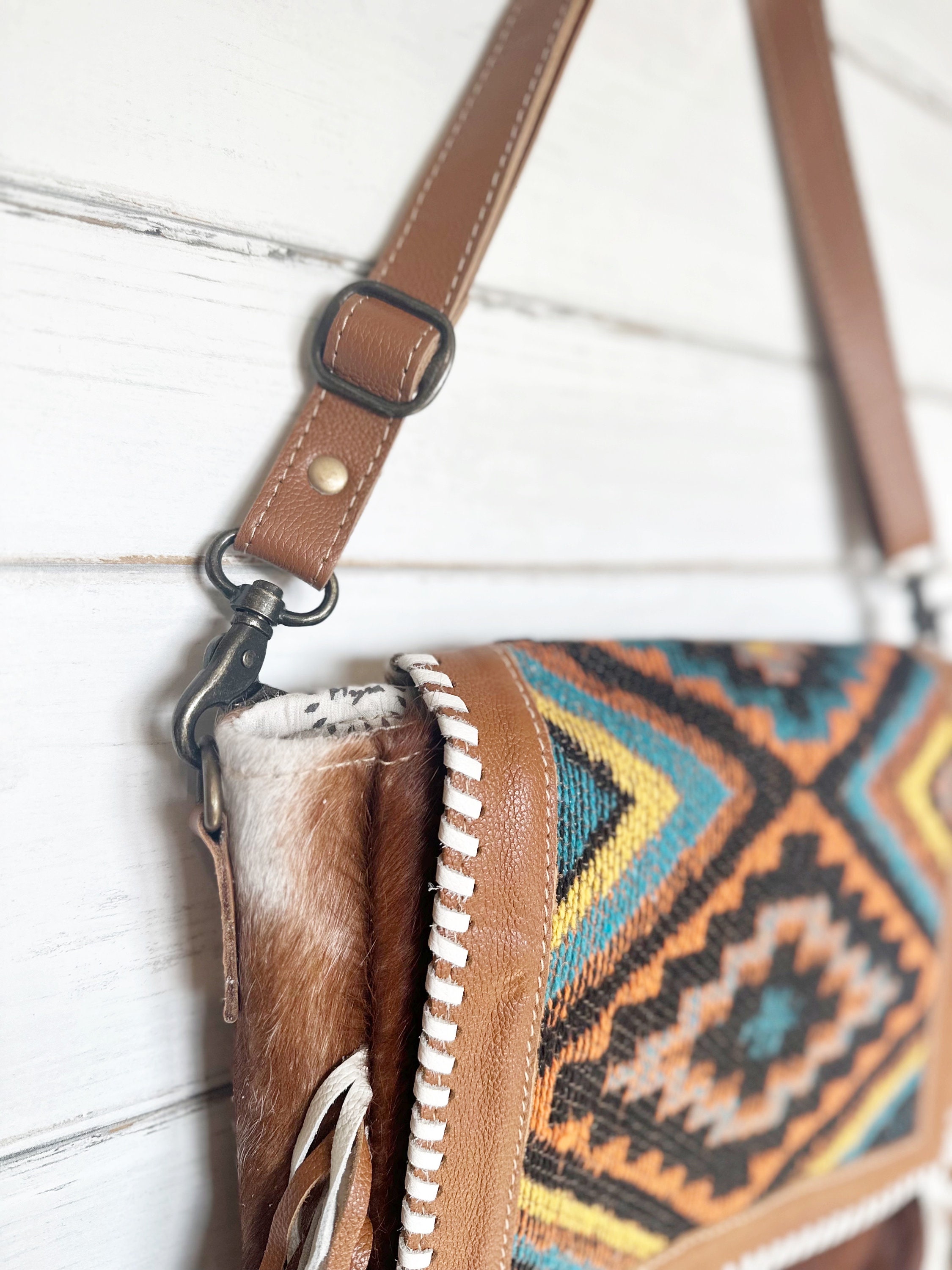 Western Cowhide Shoulder Bag With Fringe, Aztec Leather Purse, Boho ...