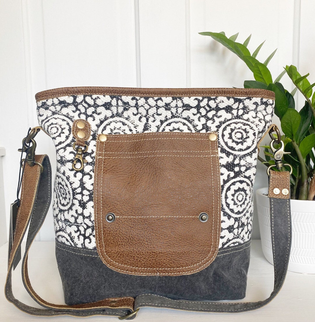 Gray Patterned Leather and Canvas Shoulder Bag - Etsy