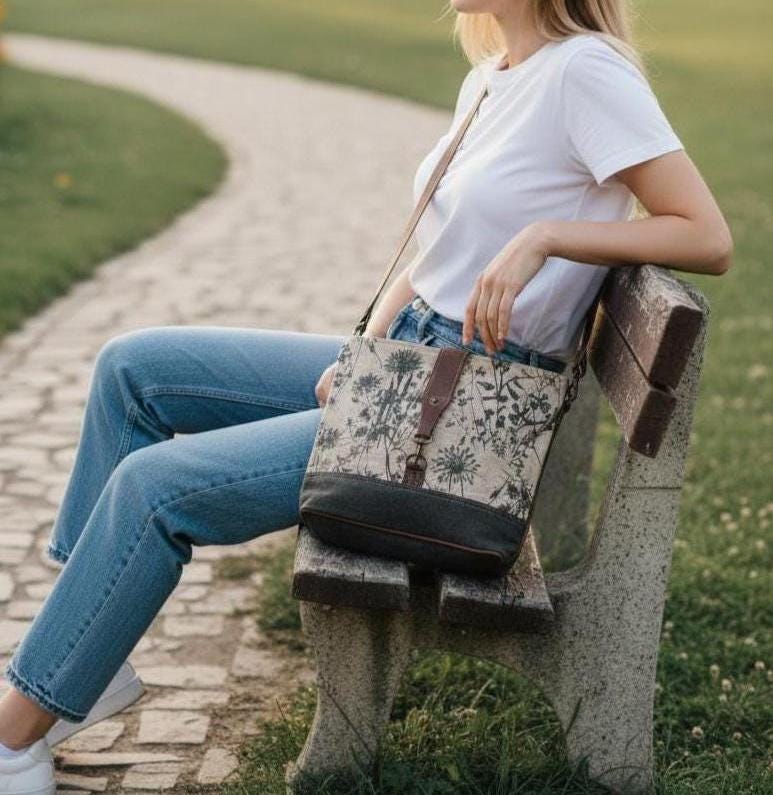 Floral Print Shoulder Bag | Upcycled Canvas | Genuine Leather | Gifts ...