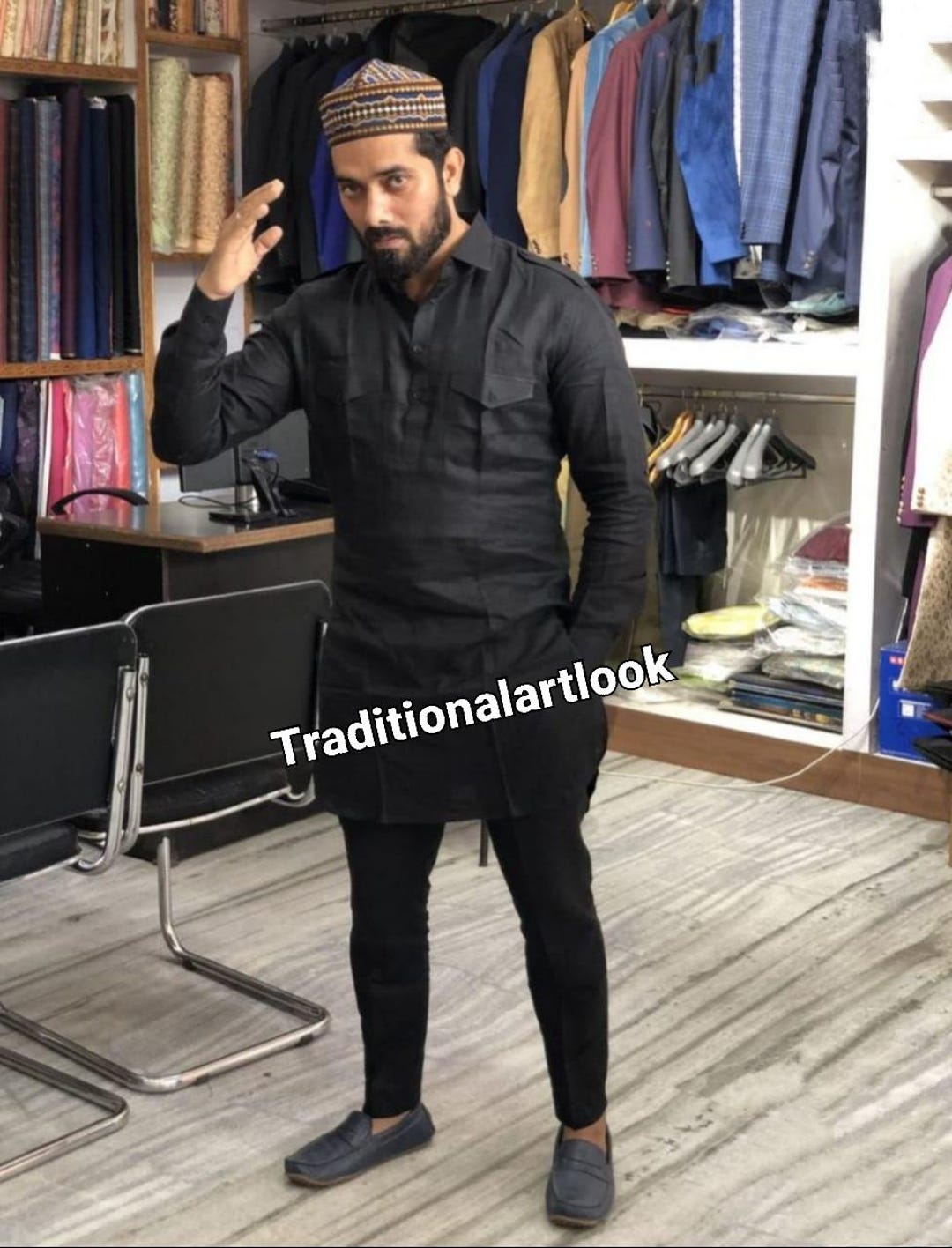 Men's Black Cotton Pathani Kurta Salwar Suit Wedding Kurta Pajama Set ...