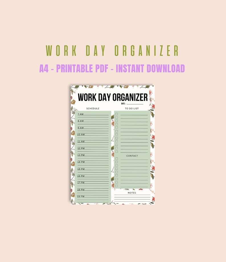 Floral Work Day Organizer Printable Planner Page (A4, PDF) - Etsy