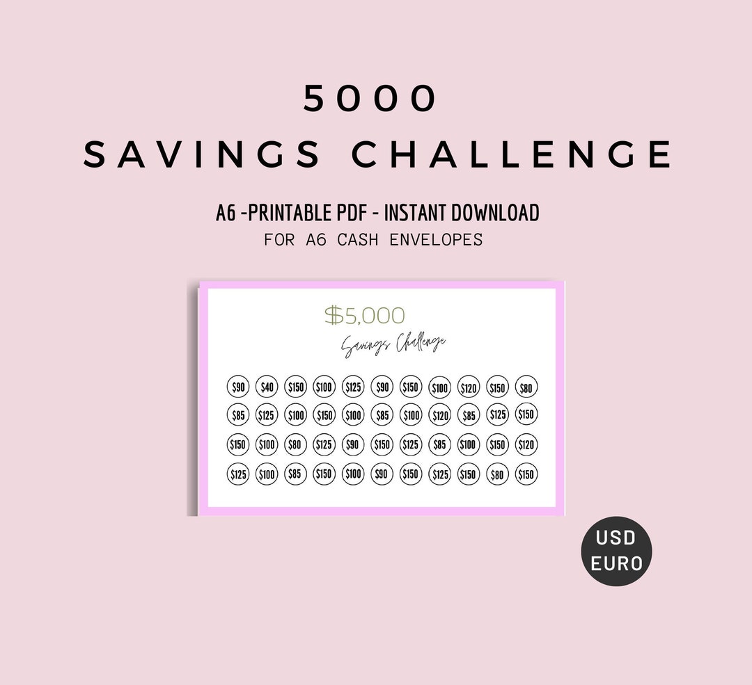 A6 5000 Savings Challenge, A6 5000 Savings Binder Insert, A6 Cash ...