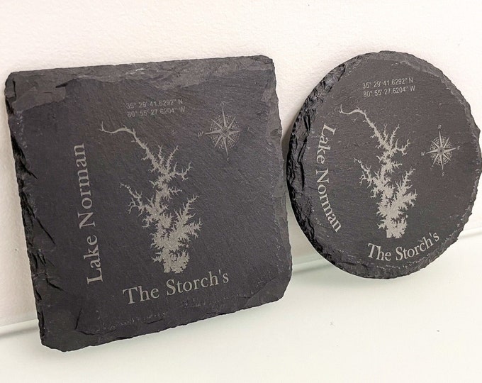 Custom Lake Map Slate Circle OR Square Coasters ANY LAKE Sets of 4, 6 ...