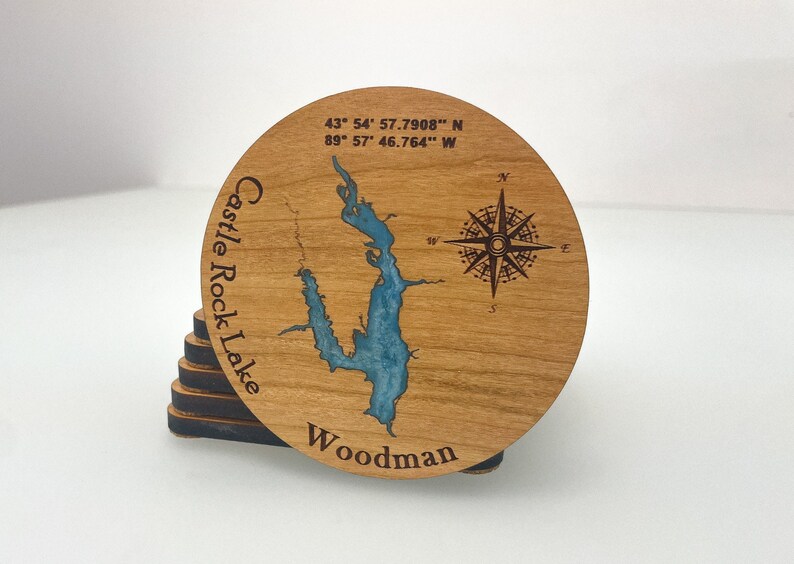 Custom Epoxy Lake Map Wood Circle Coasters ANY LAKE Sets of - Etsy