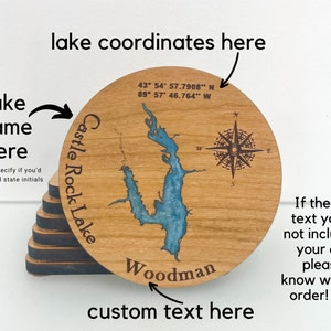 Custom Epoxy Lake Map Wood Circle Coasters - ANY LAKE! Sets of 4, 6, 8 ...