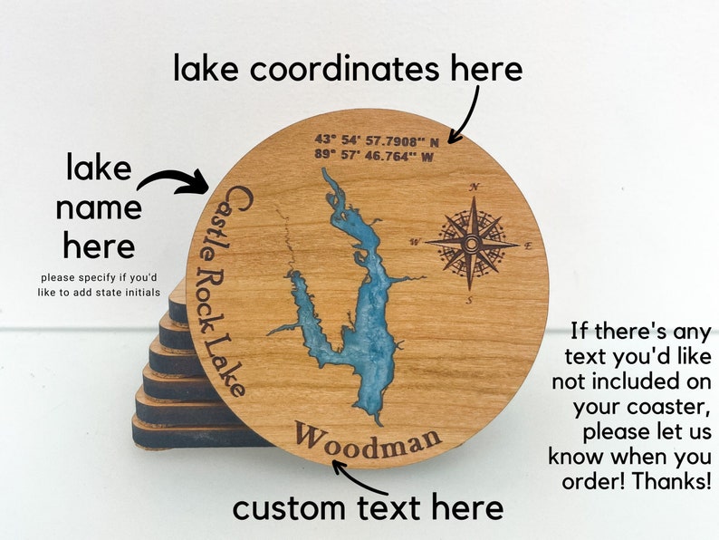 Custom Lake Map Coasters - Engraved Wood, Epoxy Lake House Decor - Etsy