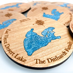 Custom Epoxy Lake Map Wood Circle Coasters - ANY LAKE! Sets of 4, 6, 8 ...