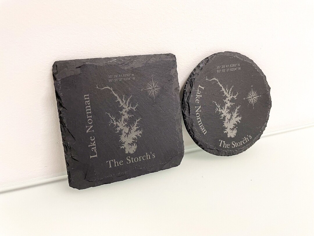 Custom Lake Map Slate Circle OR Square Coasters ANY LAKE Sets of 4, 6 ...