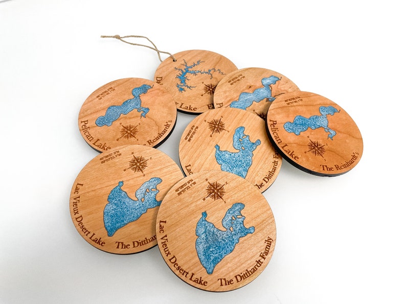 Lake Map Epoxy Ornaments - ANY LAKE! Custom Wood Décor Laser Engraved ...