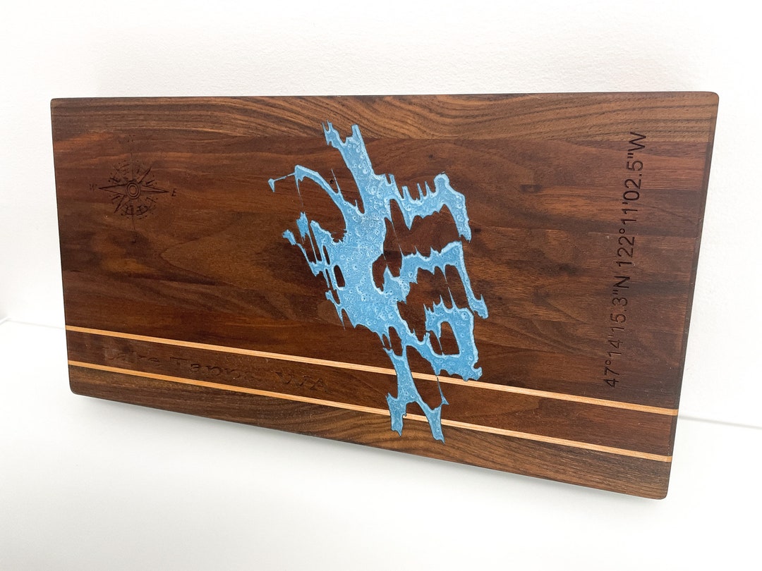 Epoxy Lake Map Engraved Cutting Board | Wood, Any Lake of Your Choice ...